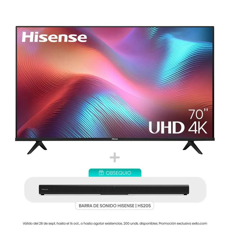 Televisor 70 Pulgadas 4K Smart TV con Barra de Sonido Marca HISENSE ...